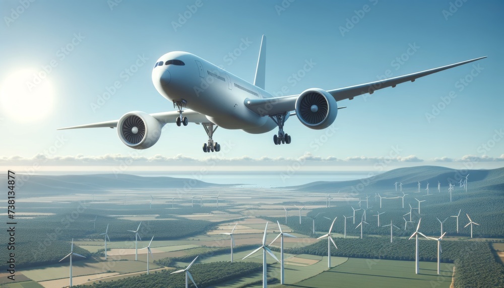 White airplane, sleek, high in blue sky, wind turbines underneath. The ...
