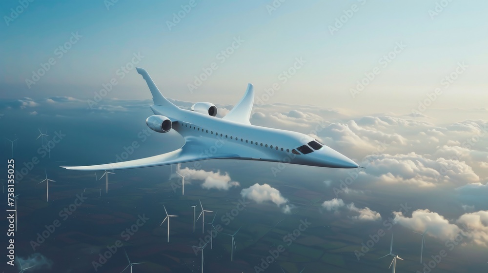 Foto de Stock White airplane, sleek, high in blue sky, wind turbines ...