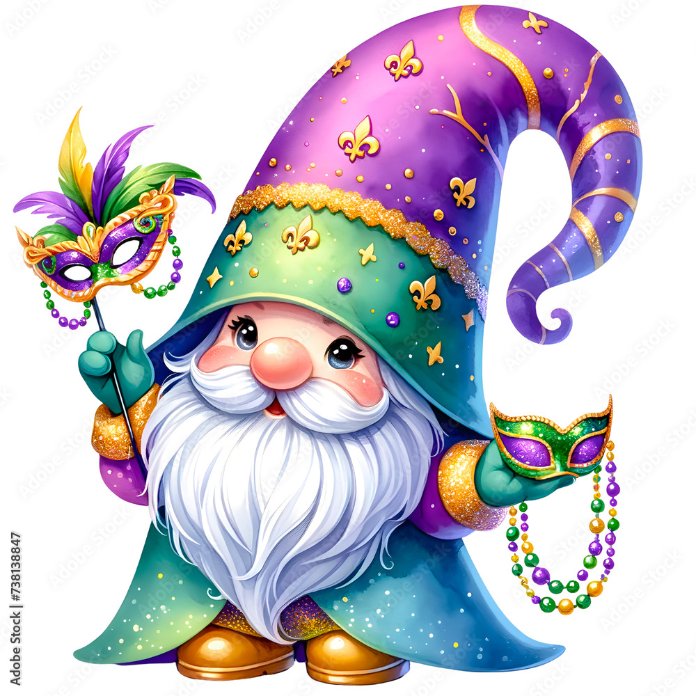 Cute mardi gras gnome watercolor clipart with transparent background ...