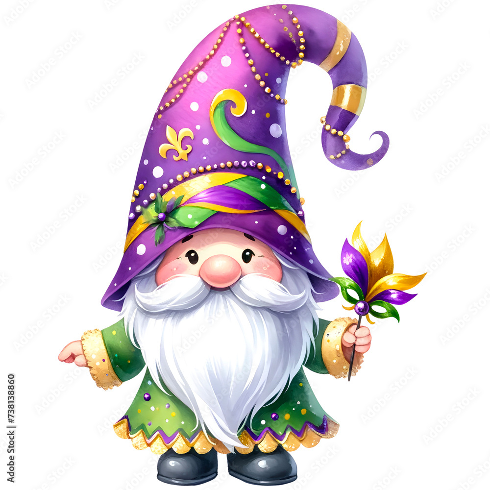 Cute mardi gras gnome watercolor clipart with transparent background ...