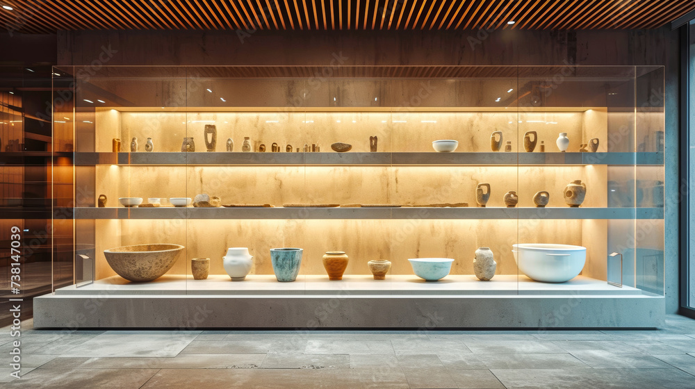 Archaeological biblical finds on a museum display shelf ancient works ...