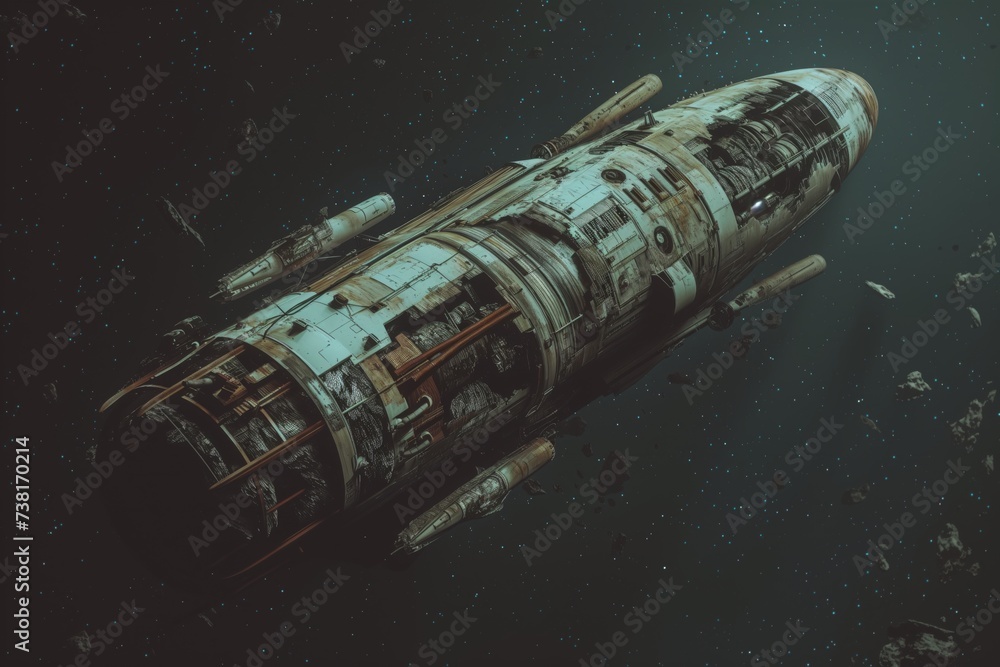 A derelict spaceship drifting in the abyss of space, full of artifacts ...