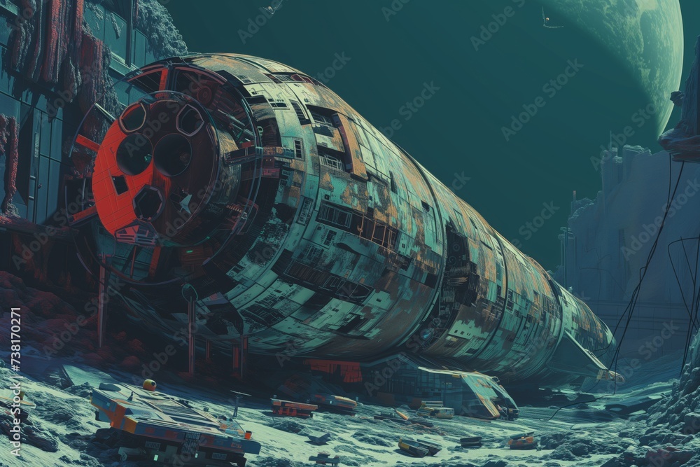 A derelict spaceship drifting in the abyss of space, full of artifacts ...