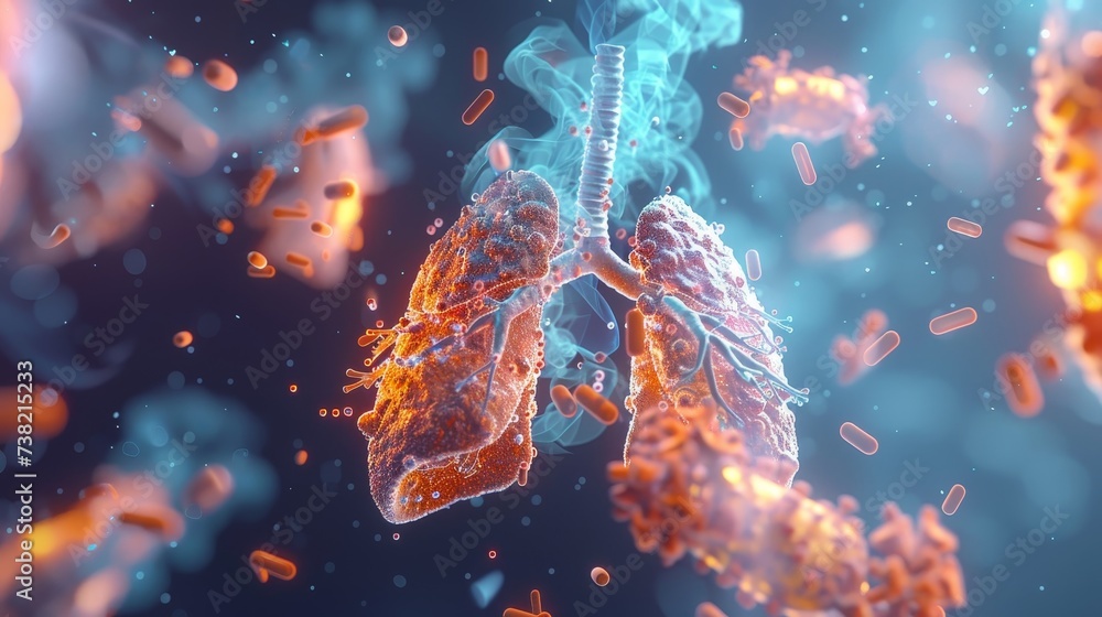 This 3D illustration depicts the human respiratory system affected by ...