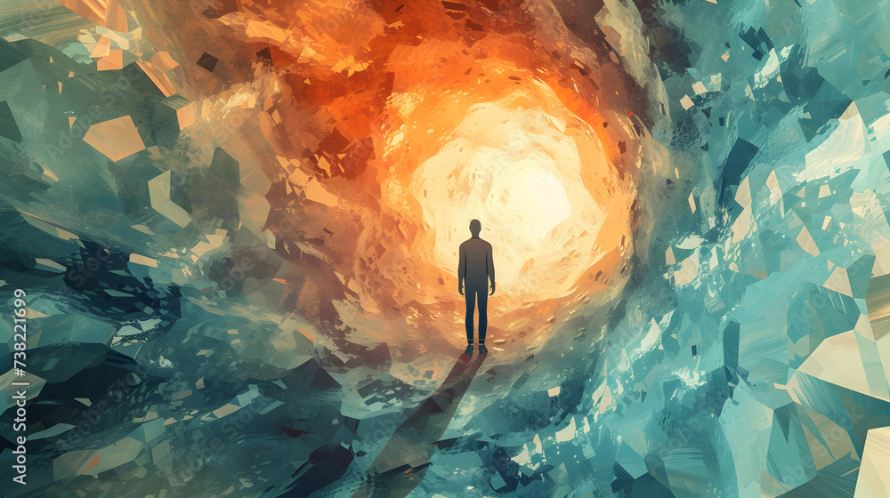 Artistic representation of a person emerging from a cocoon made of ...