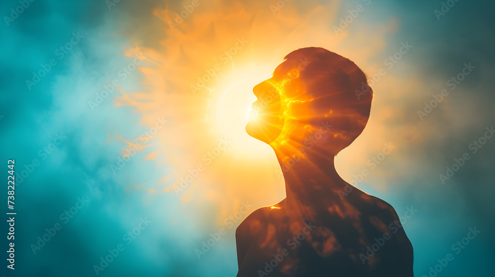 Conceptual image of a person in silhouette with a radiant sunburst ...
