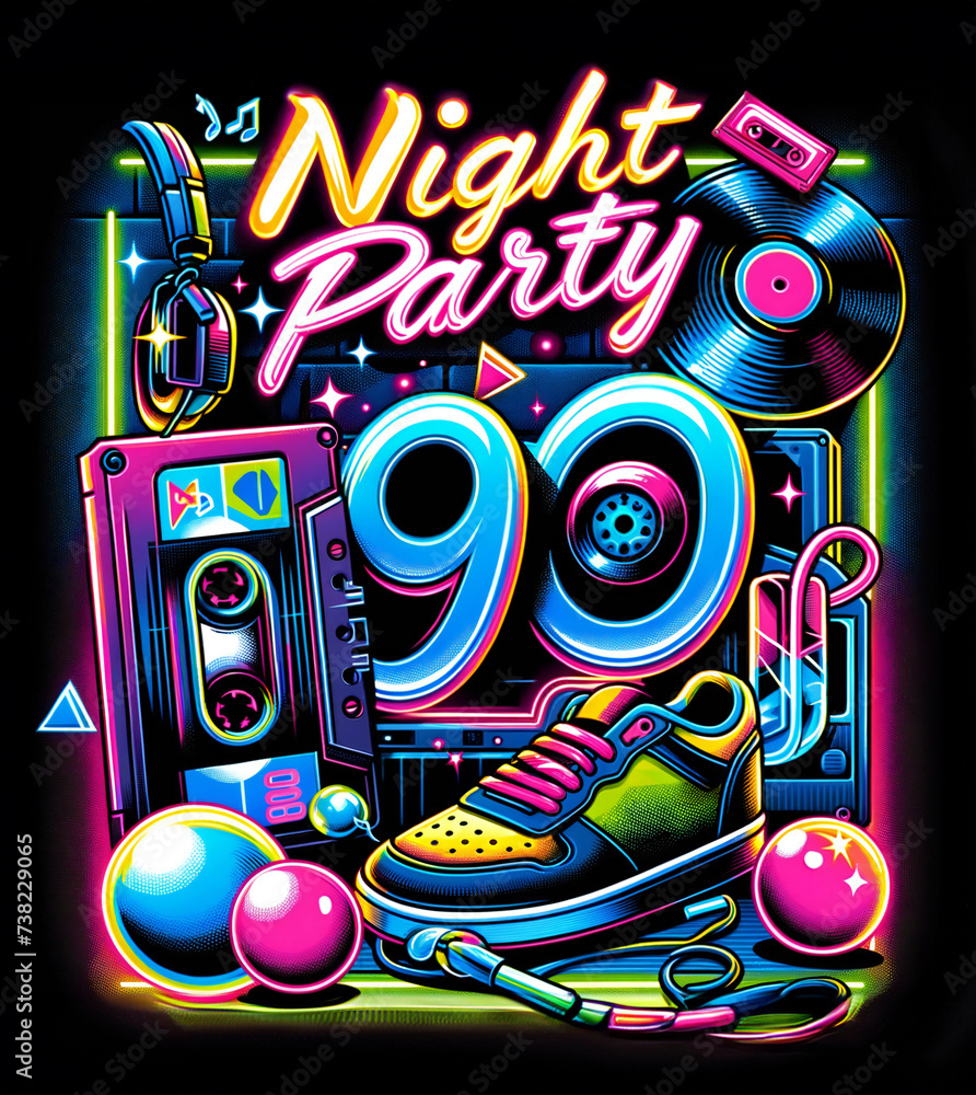 Stock-Illustration „Back to the 90s Night Party: Vibrant Neon-Themed ...