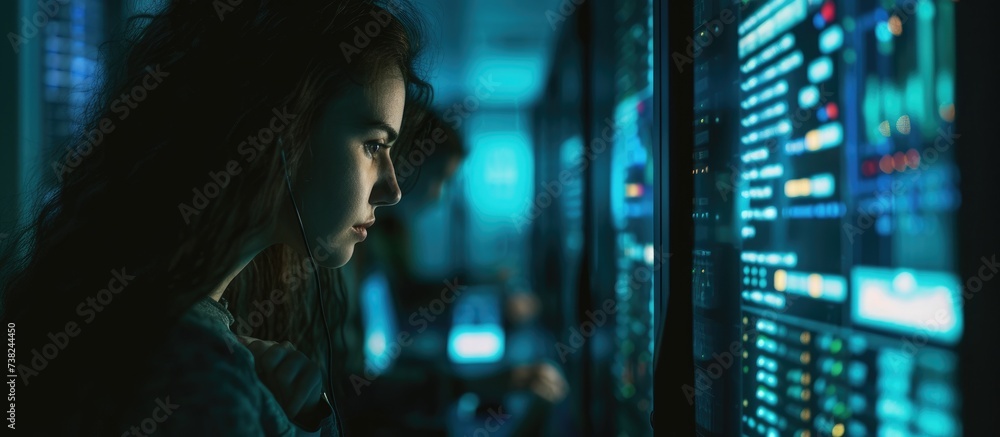 Cyberpunk crime involving a person coding software in a dark server room, a network hacker ...