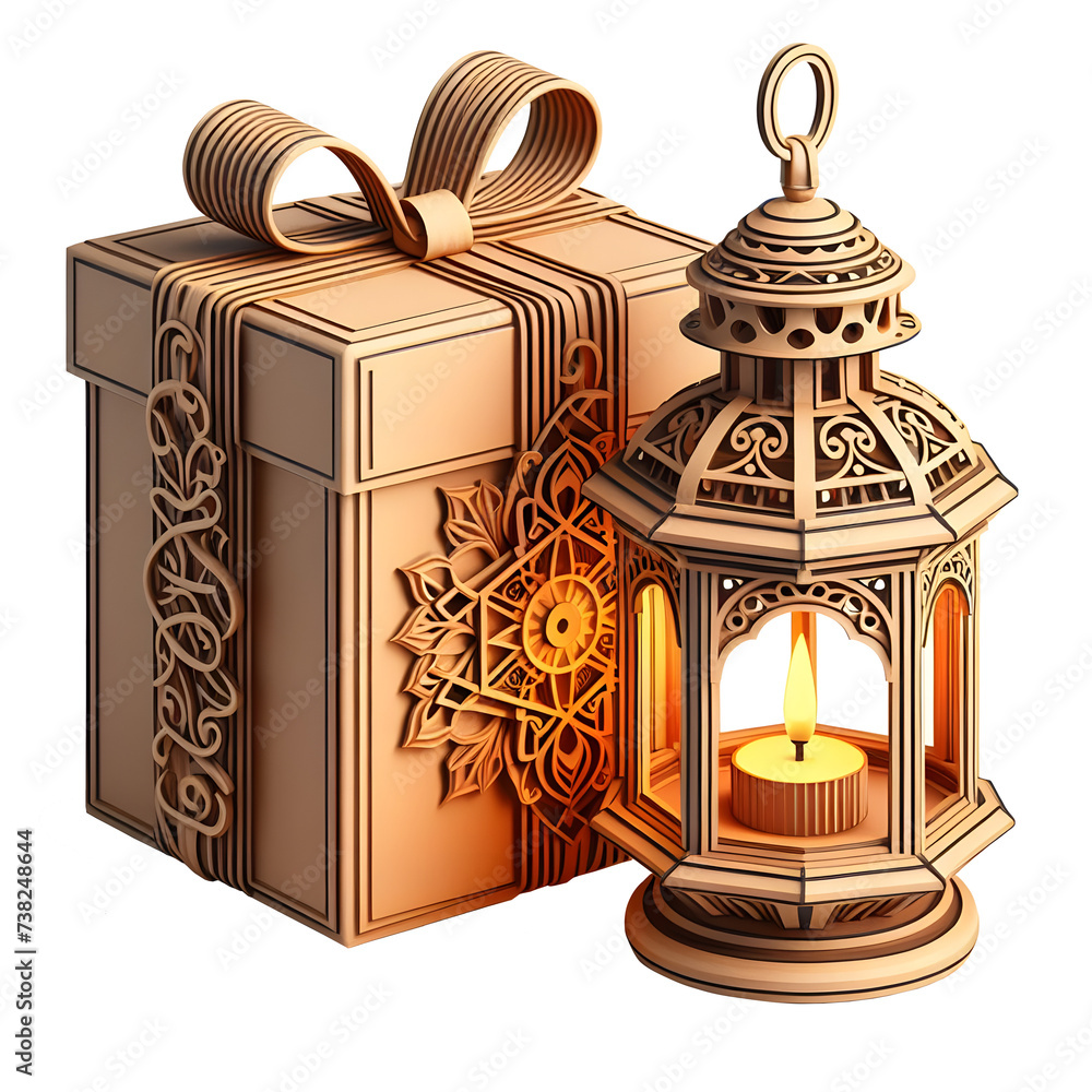 Islamic eid gift box design idea with paper lantern lamp isolated on ...