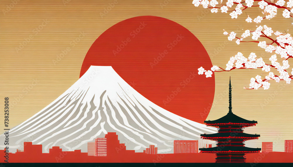 illustration of japanese travel attractions. Rising sun as red circle ...