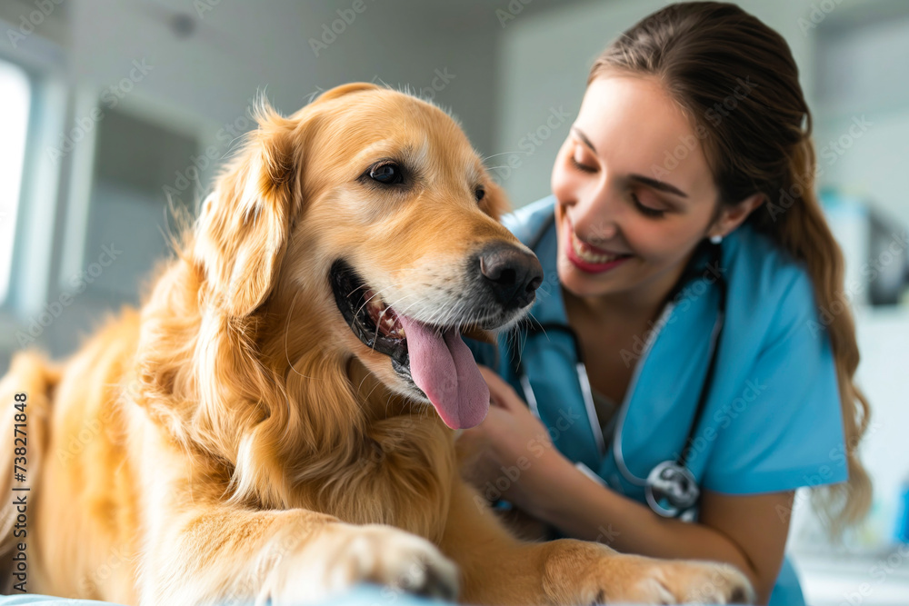 beautiful female vet nurse doctor examining a cute happy golden ...