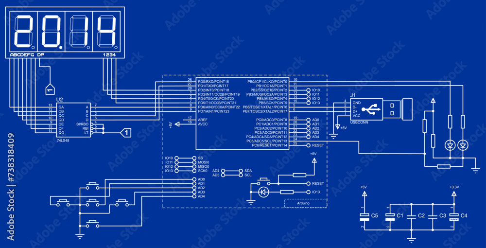 Connection of peripheral devices (keyboard, lcd display, usb) to arduino. Vector electrical ...