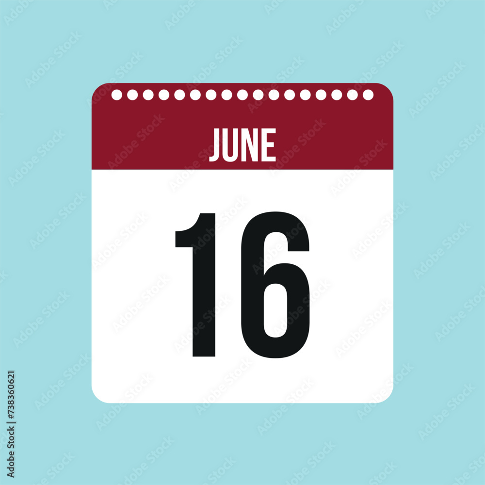 16 June calendar vector icon. Red and black June date for the days of ...