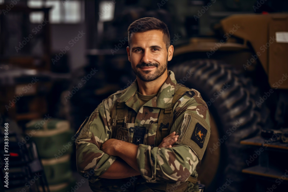 On a military base a confident seasoned soldier stands with arms ...