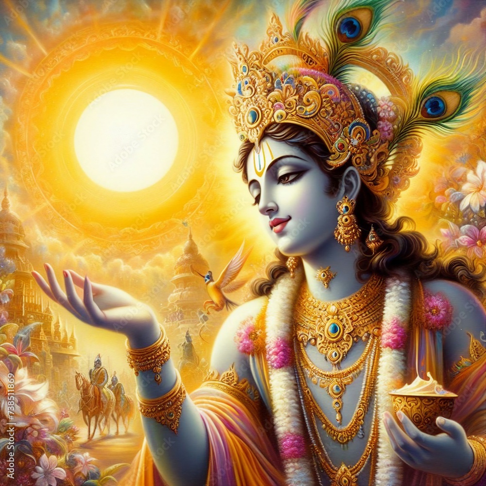 Radiant Painting of Lord Krishna with Flute on Sunny Background Stock ...