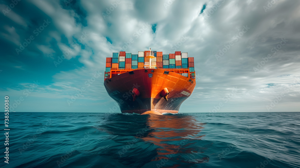A large cargo ship sails across the ocean, carrying colorful shipping ...