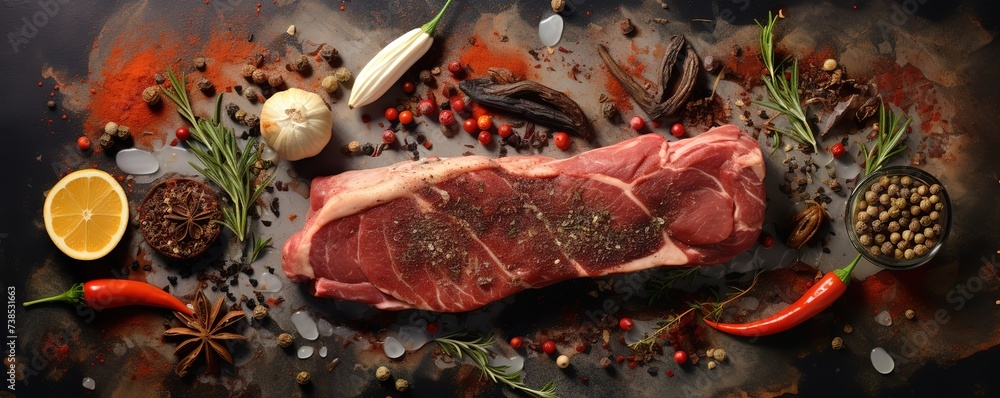 slices of roast beef on a fresh red table, processed roast beef and so ...