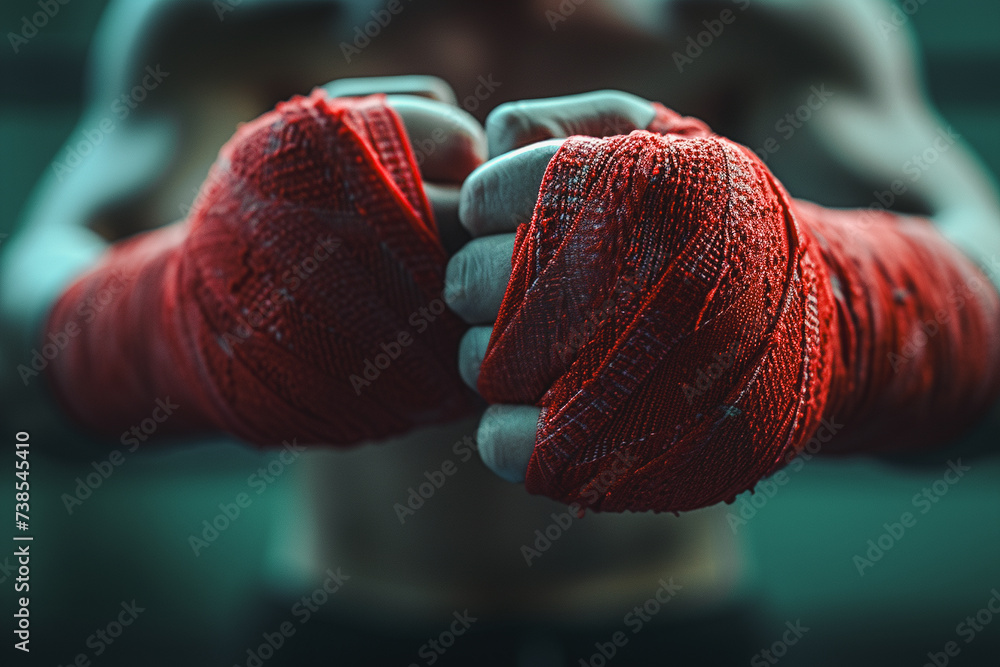 Detailed close-up of a boxer's clenched fists wrapped in vibrant red ...