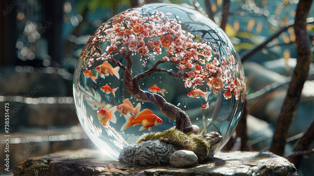 Discover the enchantment of a fish-shaped tree encased in a sphere. A ...