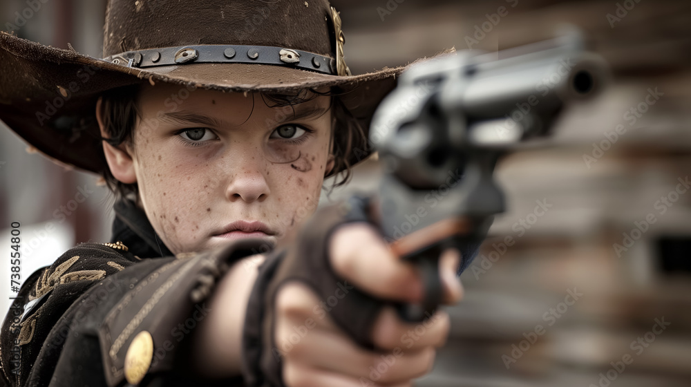 Young boy in cowboy hat aiming a revolver. Stock Photo | Adobe Stock