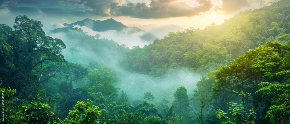Mist rising over lush tropical rainforest with sun rays. Nature and ...