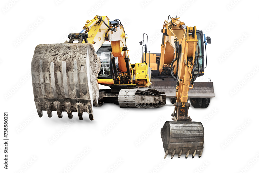 The image shows two powerful construction excavators positioned next to ...