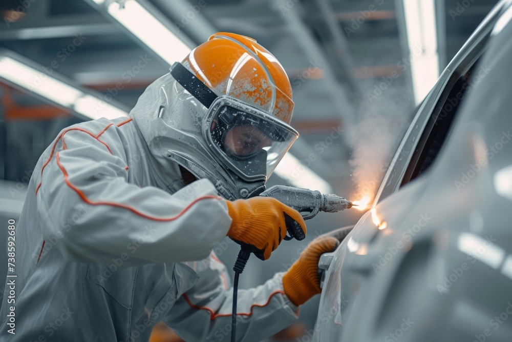 Professional Painter Applying White Paint in Vehicle Assembly Line ...