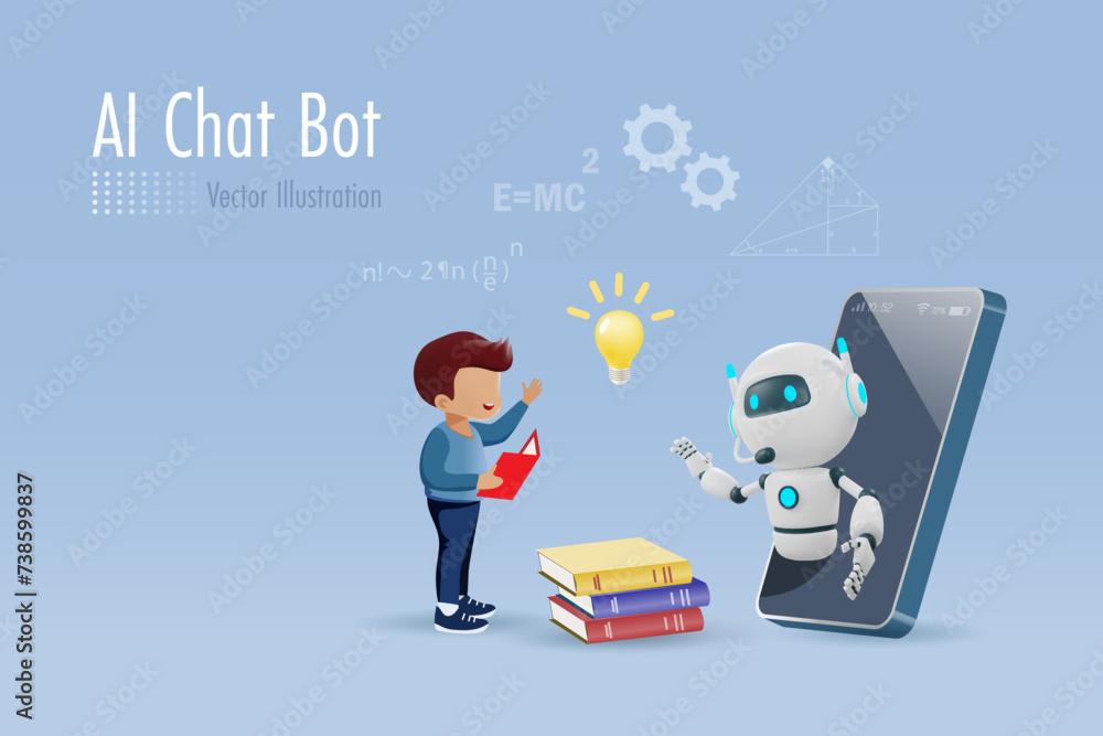 AI chat bot on smartphone assist kid student doing homework assignment. Artificial intelligence ...