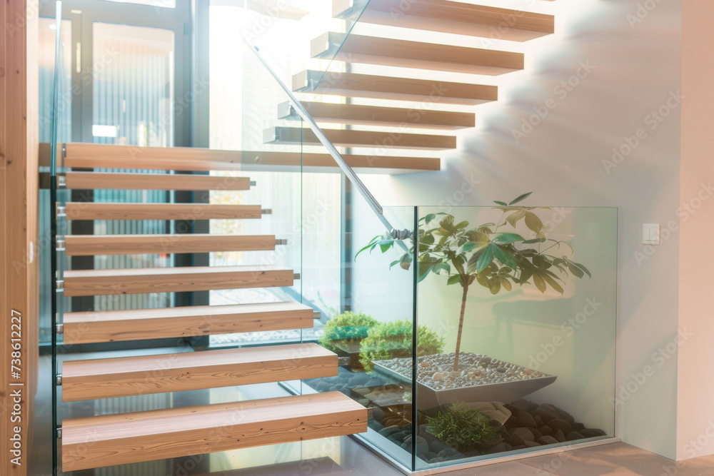 Wooden staircase leading to first floor in apartment hall. Open design ...