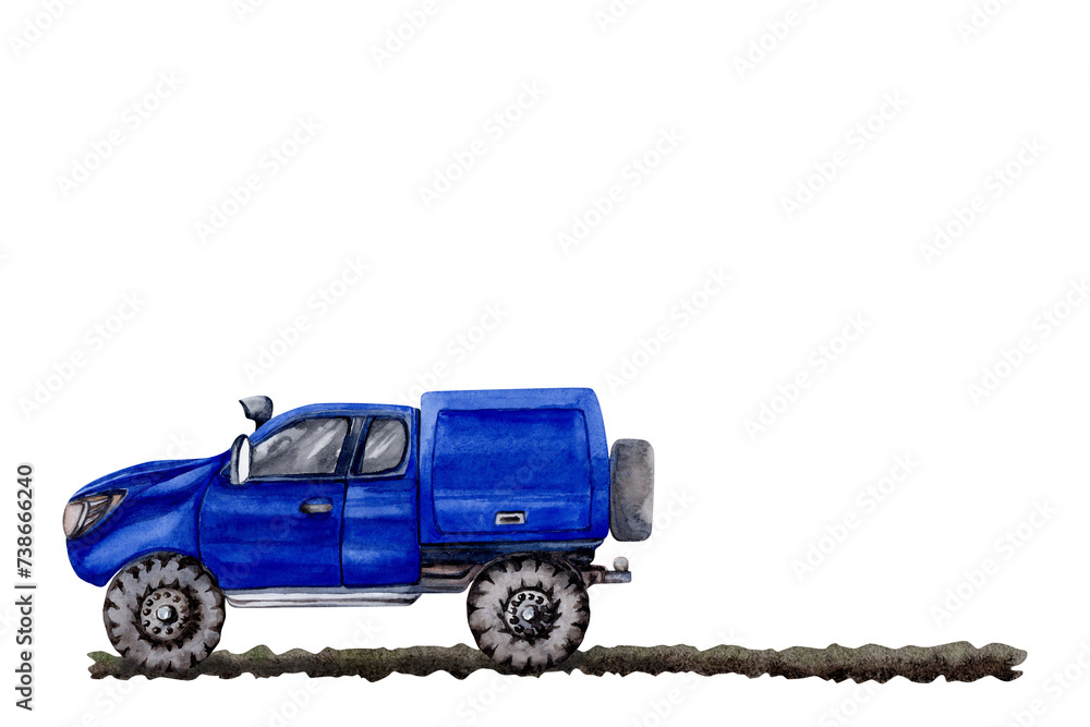 Side view blue car with tyre tracks. Card template for adventure ...