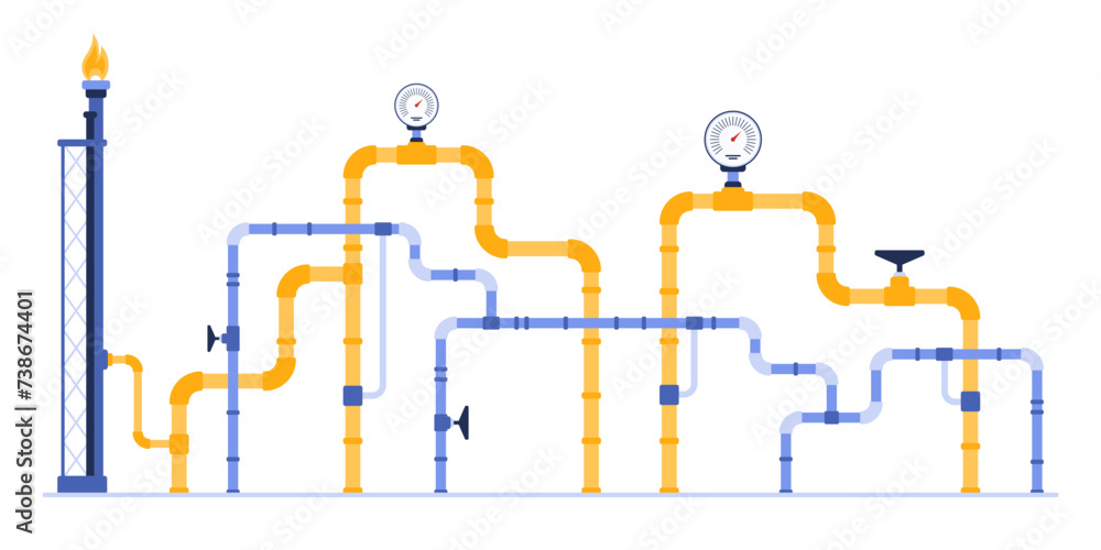 Pipeline system for natural gas transportation. Industrial steel yellow ...