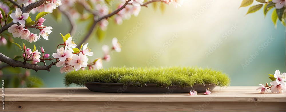 cherry blossom Podium display stage with wooden and natural sakura in ...