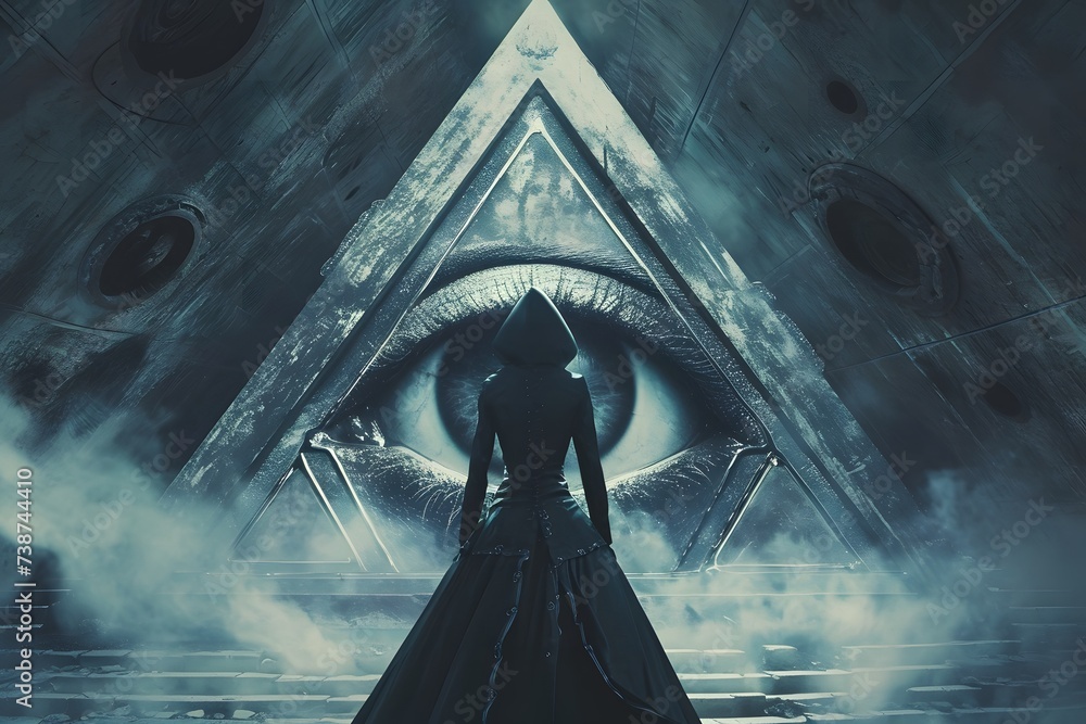 Person in a cult standing in front of Illuminati all seeing eye ...
