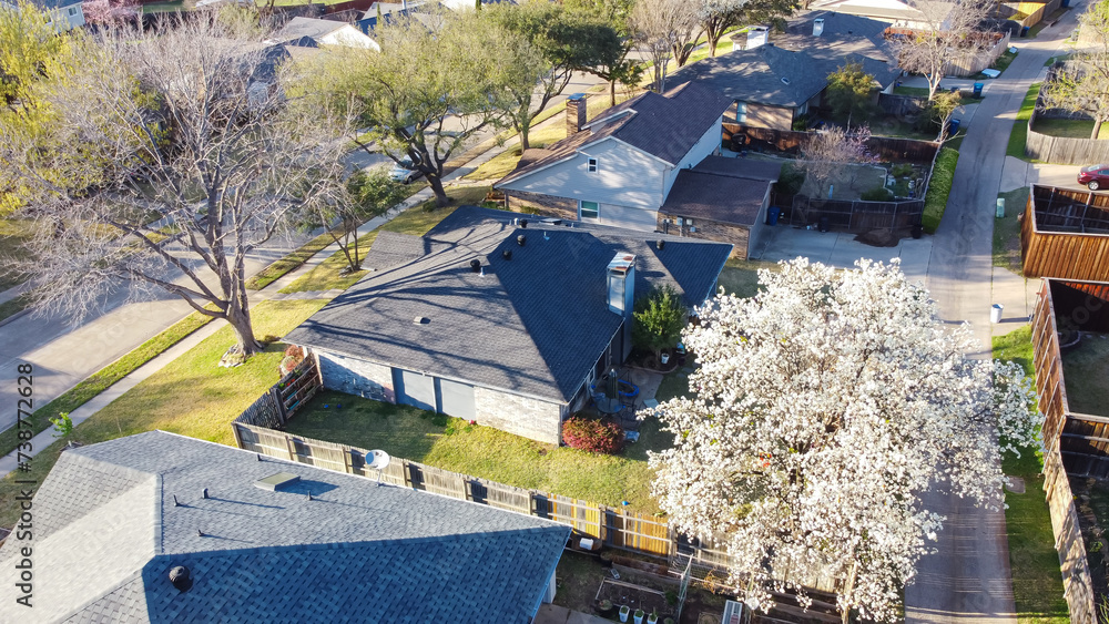 Quiet residential street and back alley of suburban neighborhood with ...