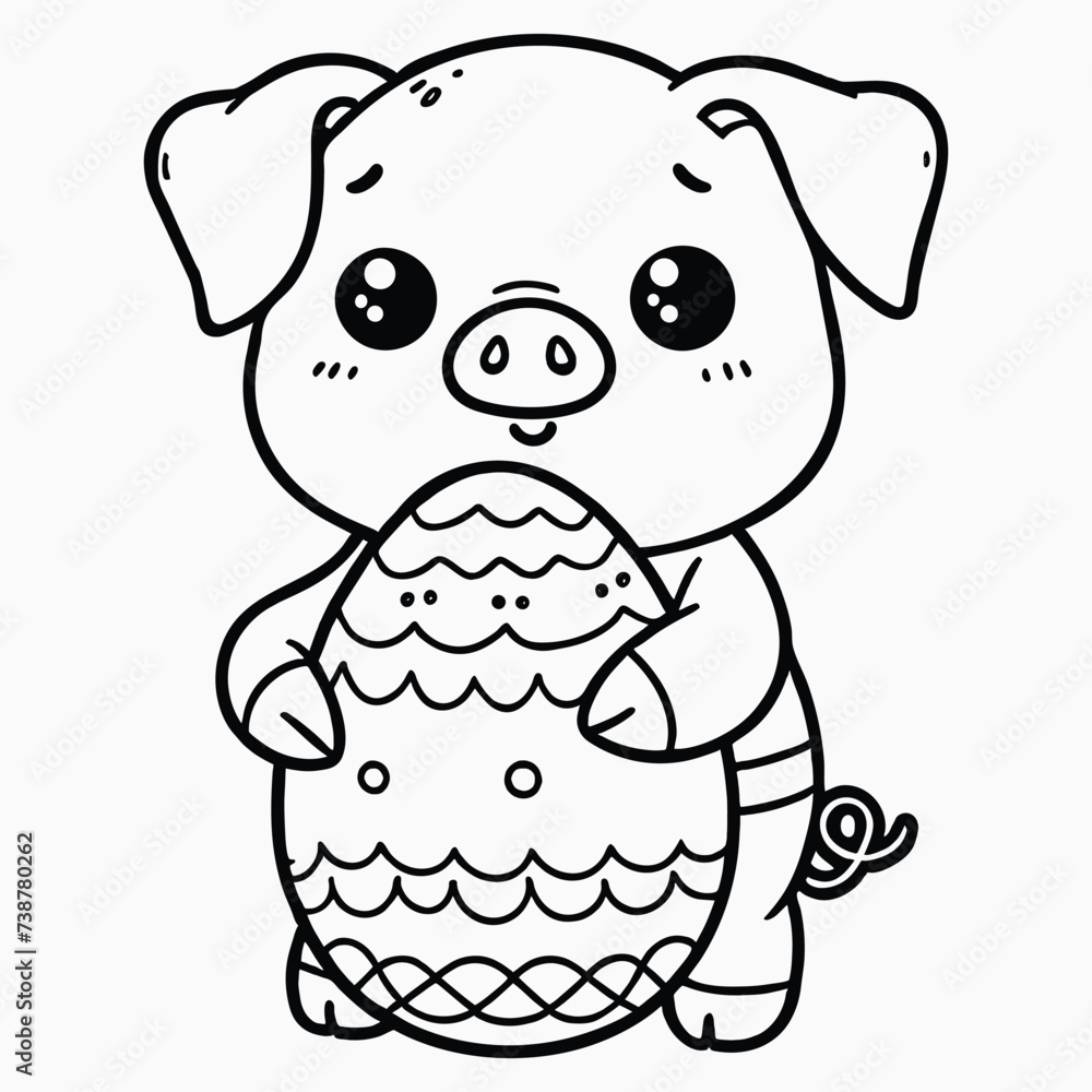 Cartoon piglet holding an Easter egg, line art for coloring. Easter ...