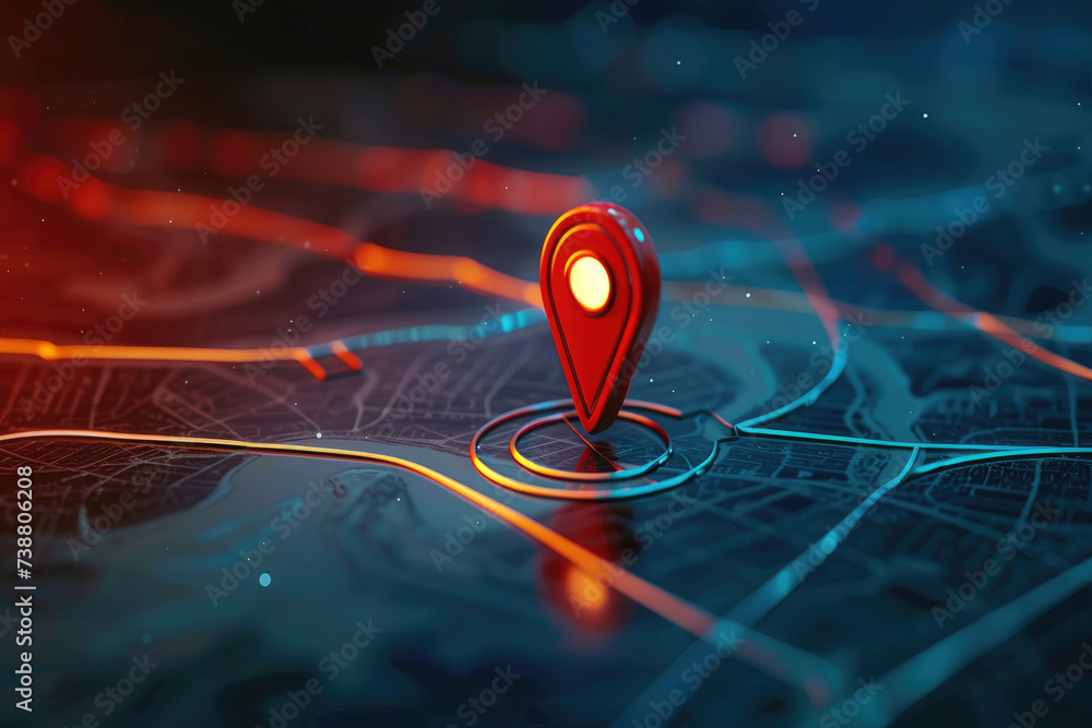 Glowing red marker stands out on the digital map, marking your ...