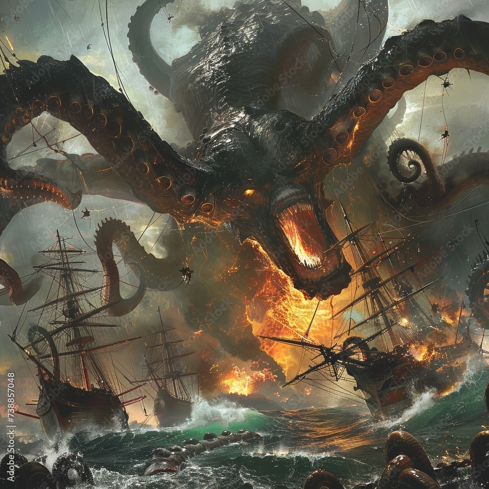 Illustrate the colossal battle between a legendary kraken and a fleet ...