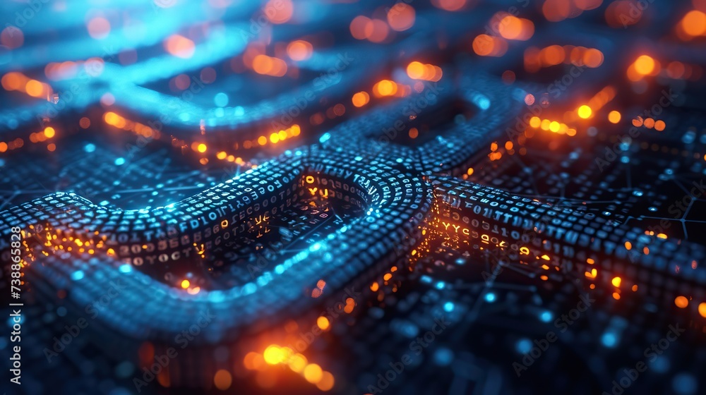A complex digital blockchain network with a flowing data stream, visualized with glowing blue ...