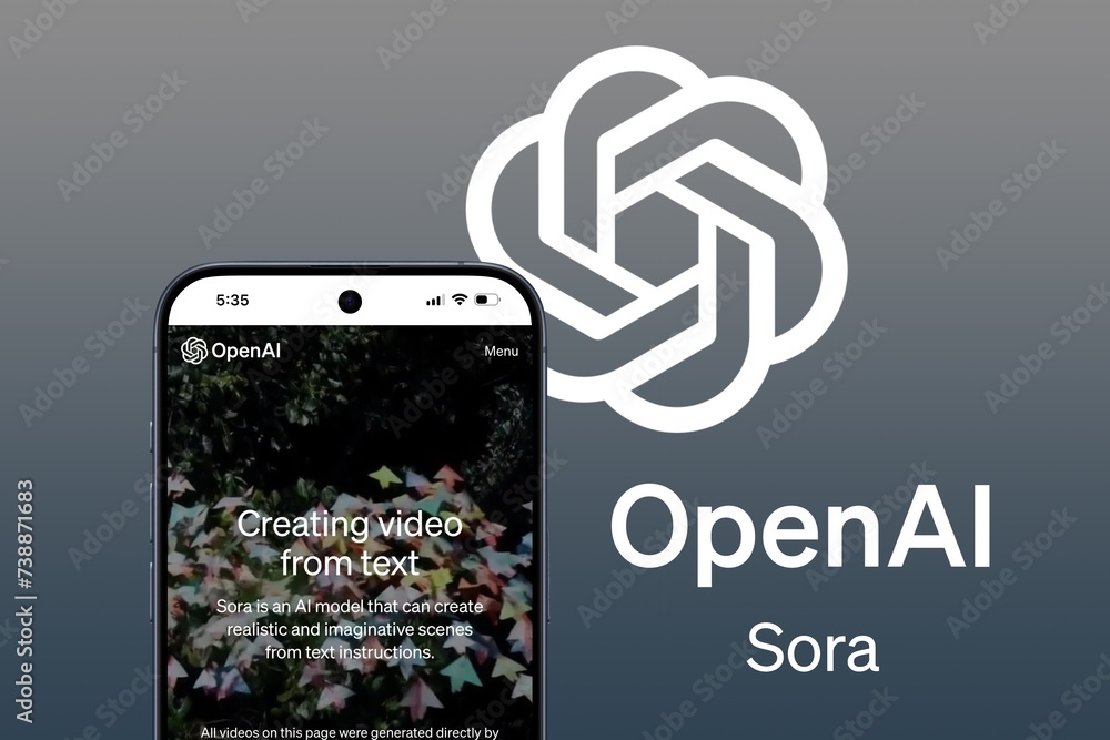 Sora Website displayed on a modern smartphone, text-to-video model for generating videos with ...