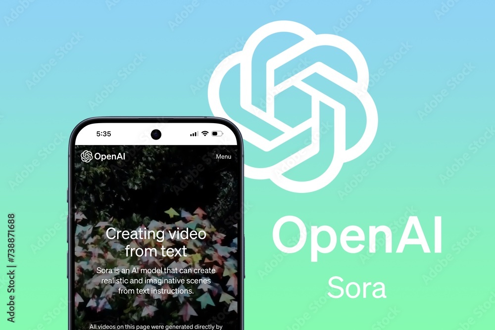 Sora Website displayed on a modern smartphone, text-to-video model for generating videos with ...