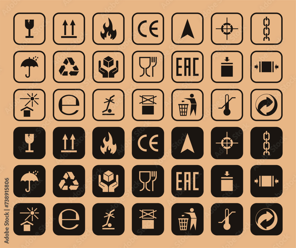 Packaging symbols set. Packaging cargo icon. Caution signs for package ...
