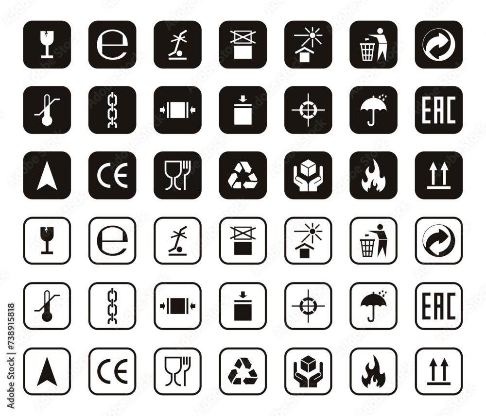 Packaging symbols set. Packaging cargo icon. Caution signs for package ...