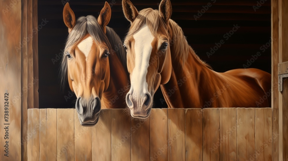 Horses peering out from stable boxes. Concept of equine care, stable ...