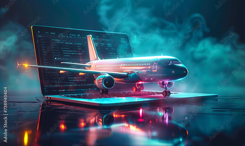 Futuristic concept of a commercial airliner jet emerging from a laptop ...