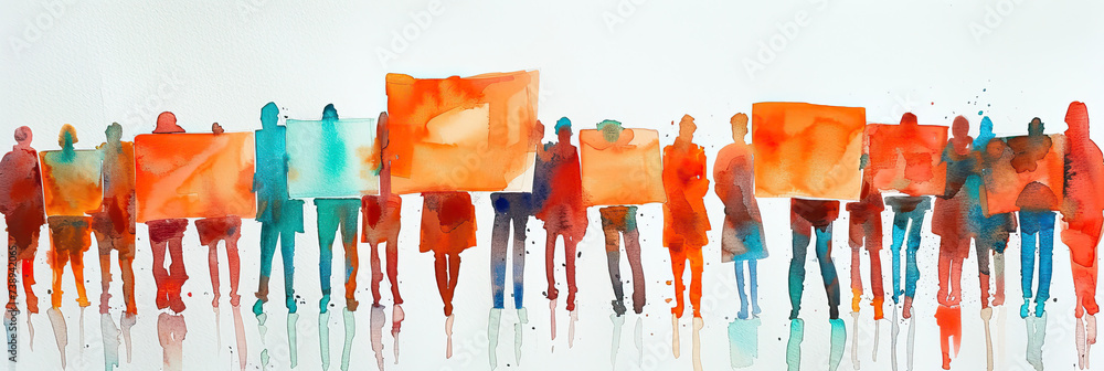 Colorful watercolor painting of a protest march. Young people are ...