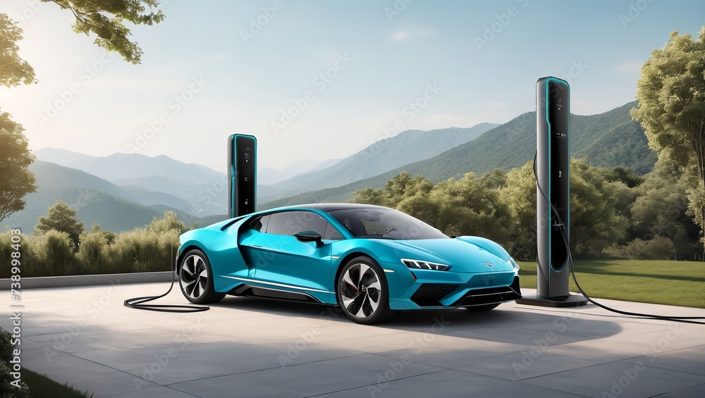 A sleek blue sports car gleams in the sunlight as it charges at a ...