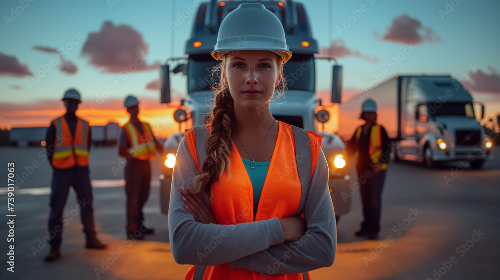 Trailblazing female truck driver with logistics team at dawn ...
