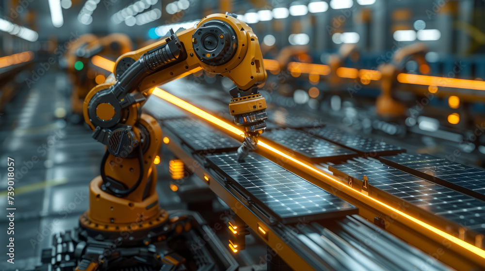 Solar panel placed on conveyor belt, operated by automatized robot arm ...