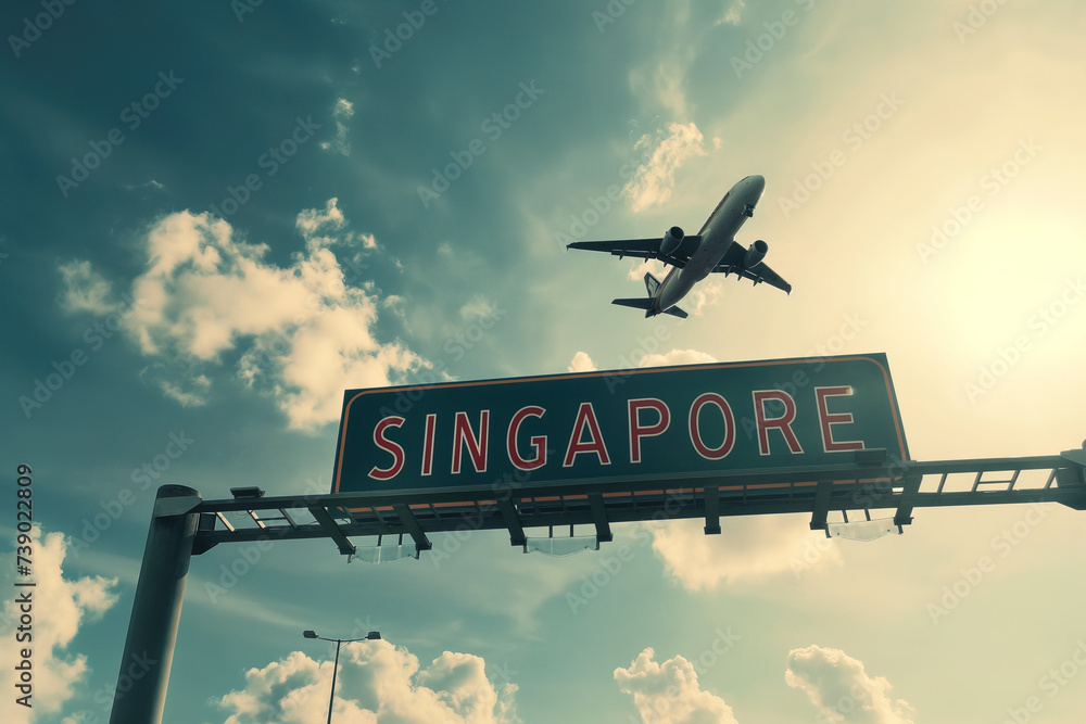 Stock-Illustration „Plane landing with "SINGAPORE" road sign at the ...