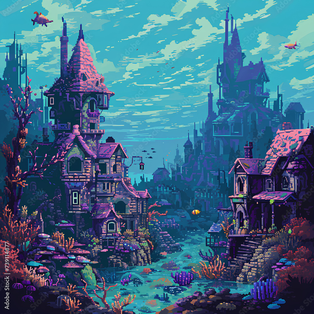 pixel art underwater village game background Stock Illustration | Adobe ...